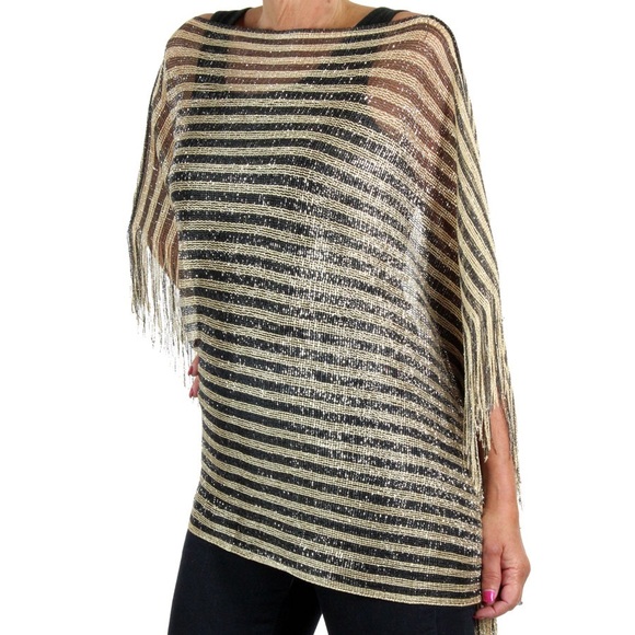Magic | Tops | Nwt Black Gold Sparkle Fringe Poncho | Poshmark